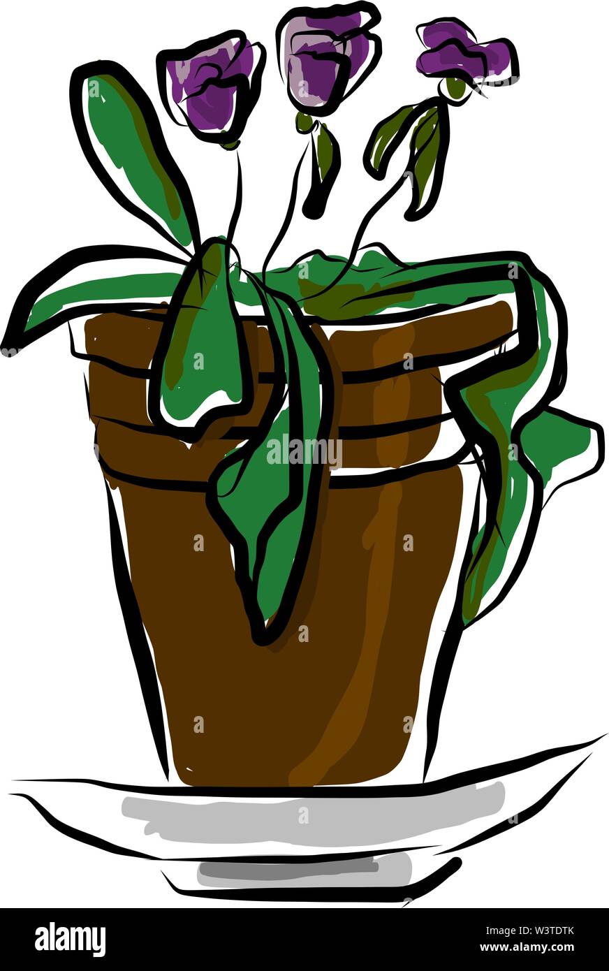 A purple flower on a brown pot, vector, color drawing or illustration ...