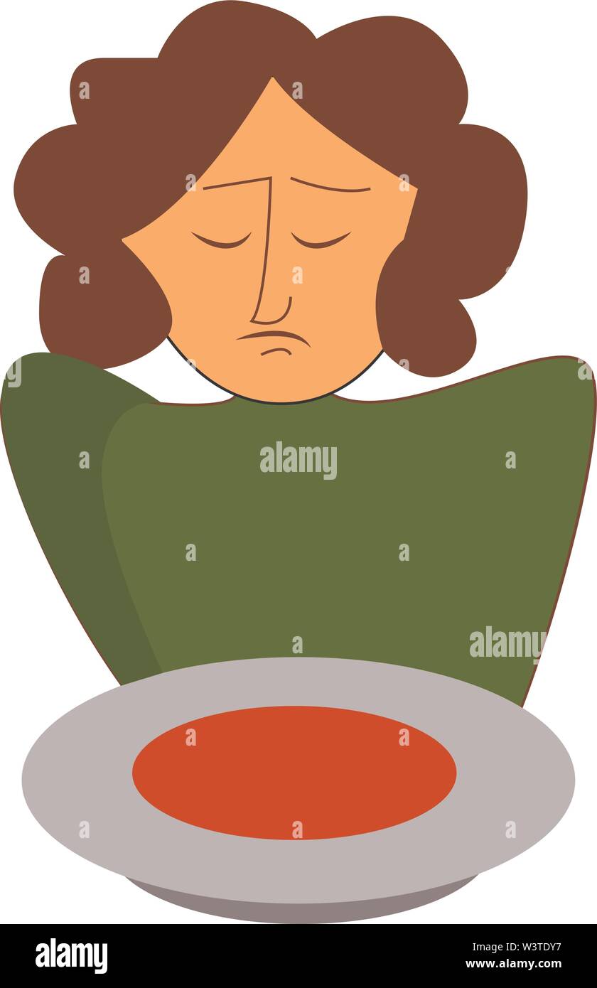 A girl in a green dress and red soup in a plate, vector, color drawing ...
