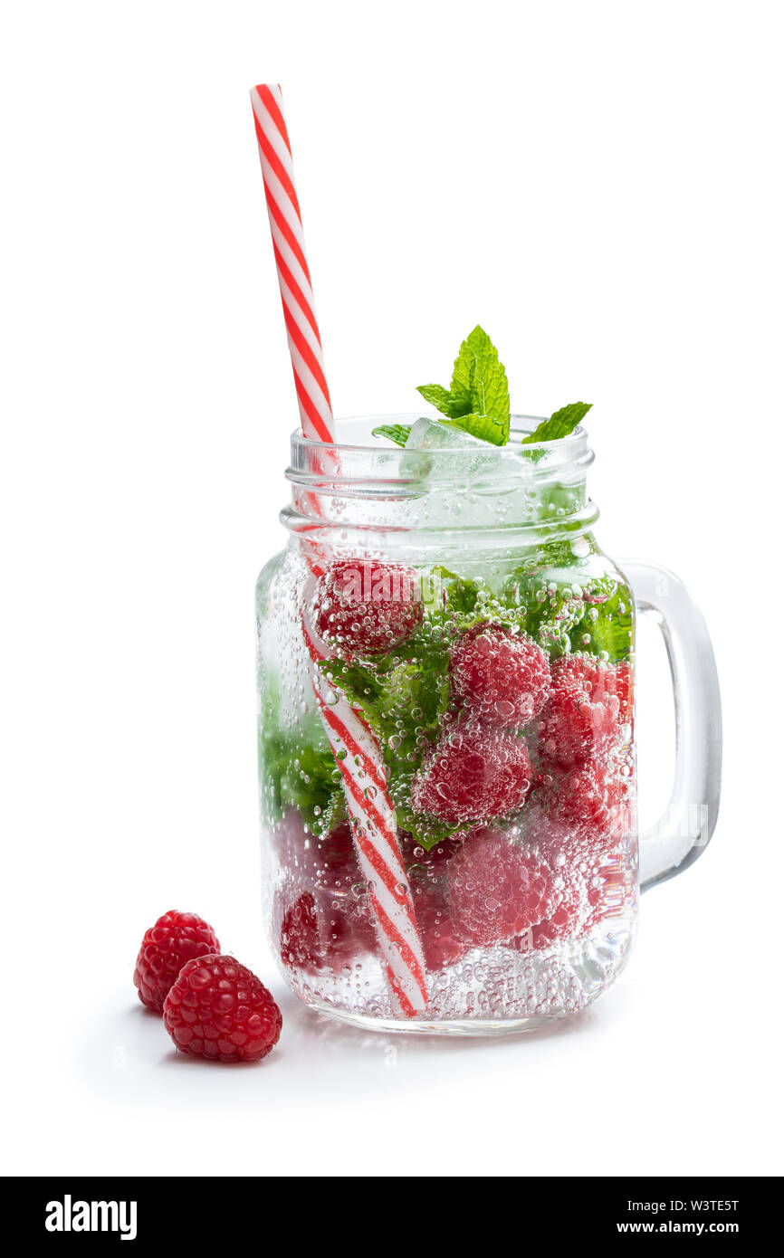 Homemade raspberry and mint drink in glass jar isolated on white Stock ...