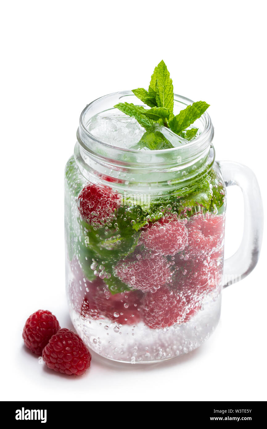 Homemade raspberry and mint drink in glass jar isolated on white Stock ...