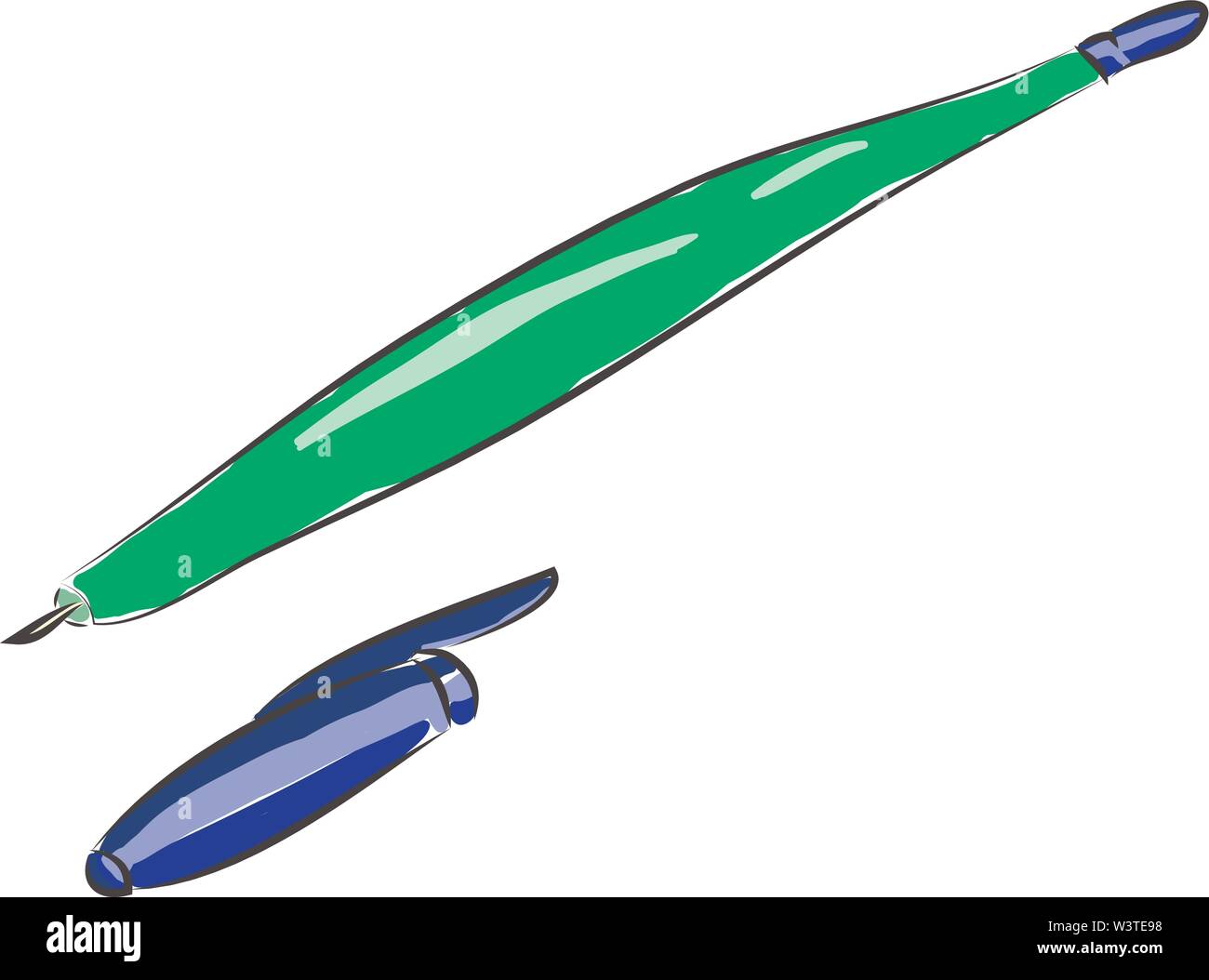 A green colored pen with a blue cap, vector, color drawing or ...