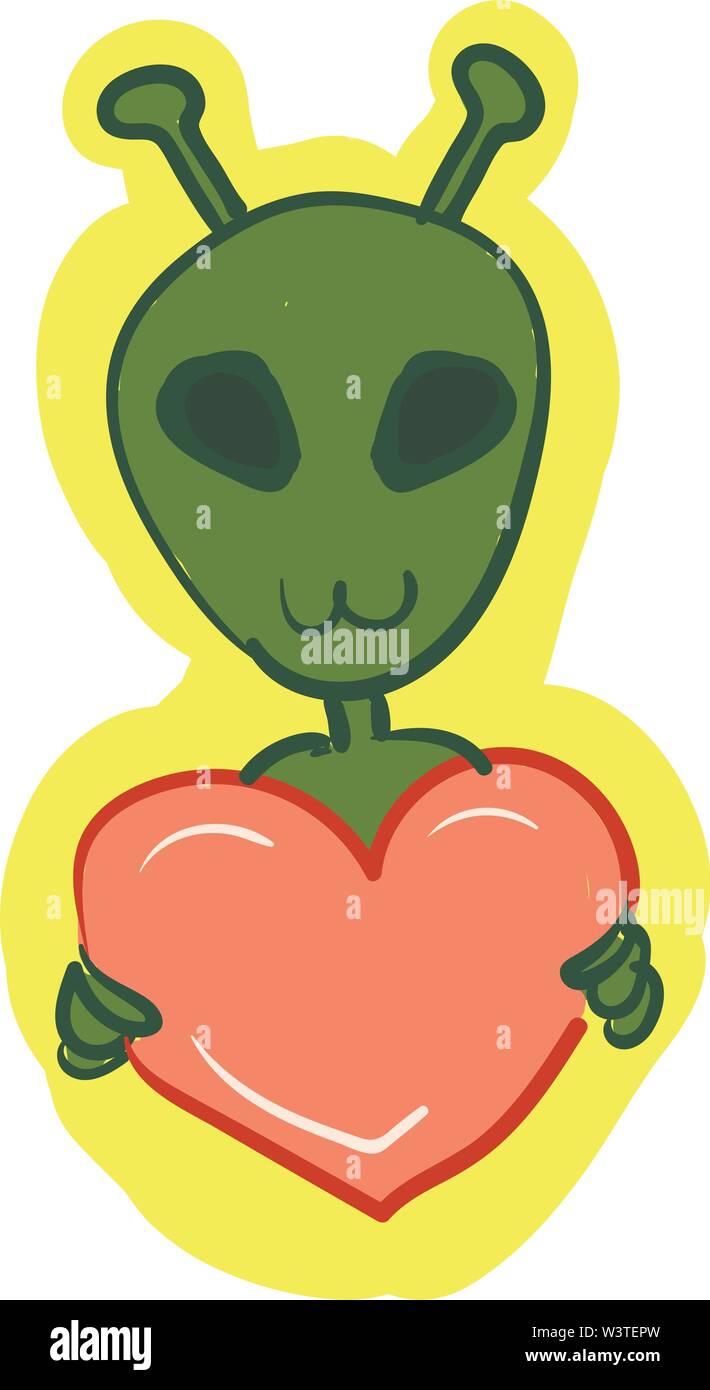 A green alien with a big eyes holding a red and pink heart, vector ...
