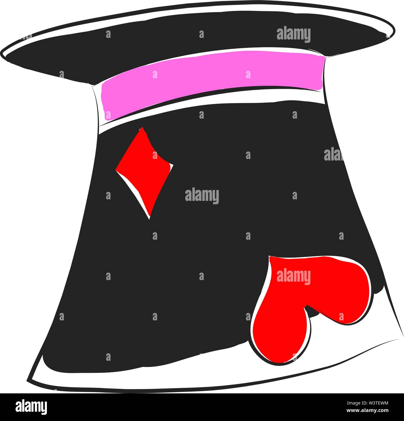 A black magician's hat with a red heart and red diamond shape, vector ...