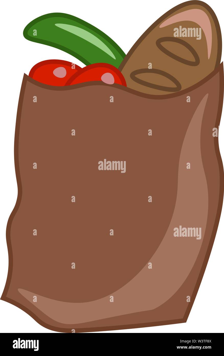 A brown paper bag with bread, fruits and vegetable, vector, color ...