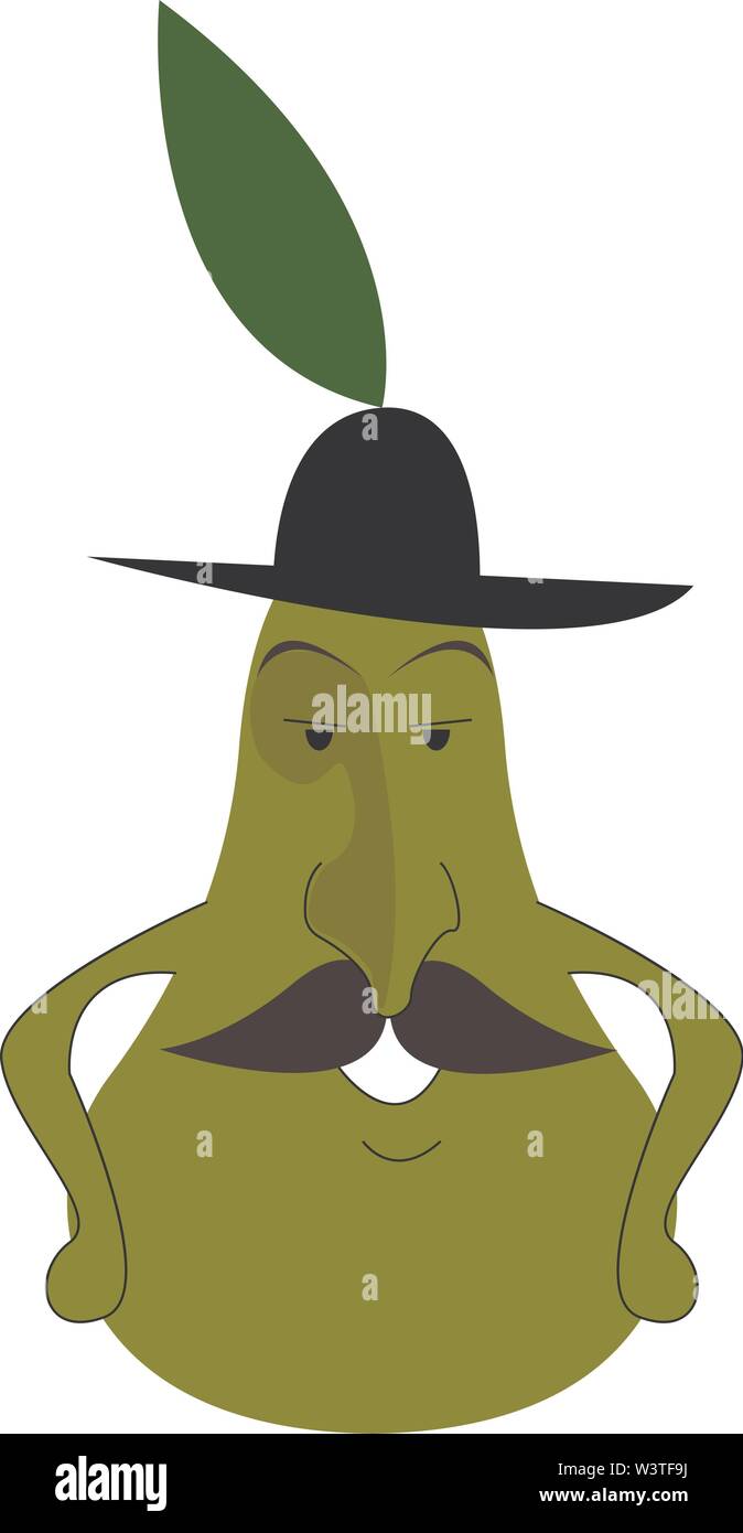 A pear with big mustache and a black hat, vector, color drawing or ...