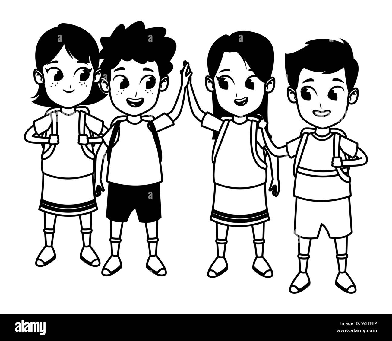childhood cute school students cartoon in black and white Stock Vector ...