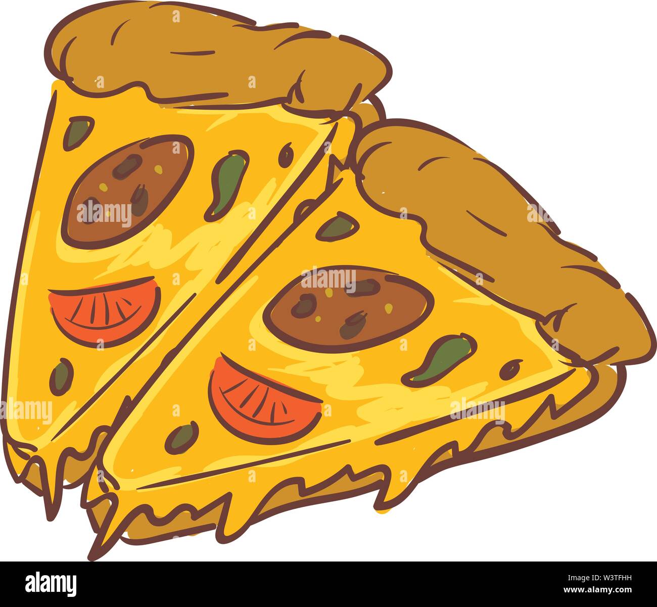 Slices of rich pizza garnished with tomatoes, vector, color drawing or ...