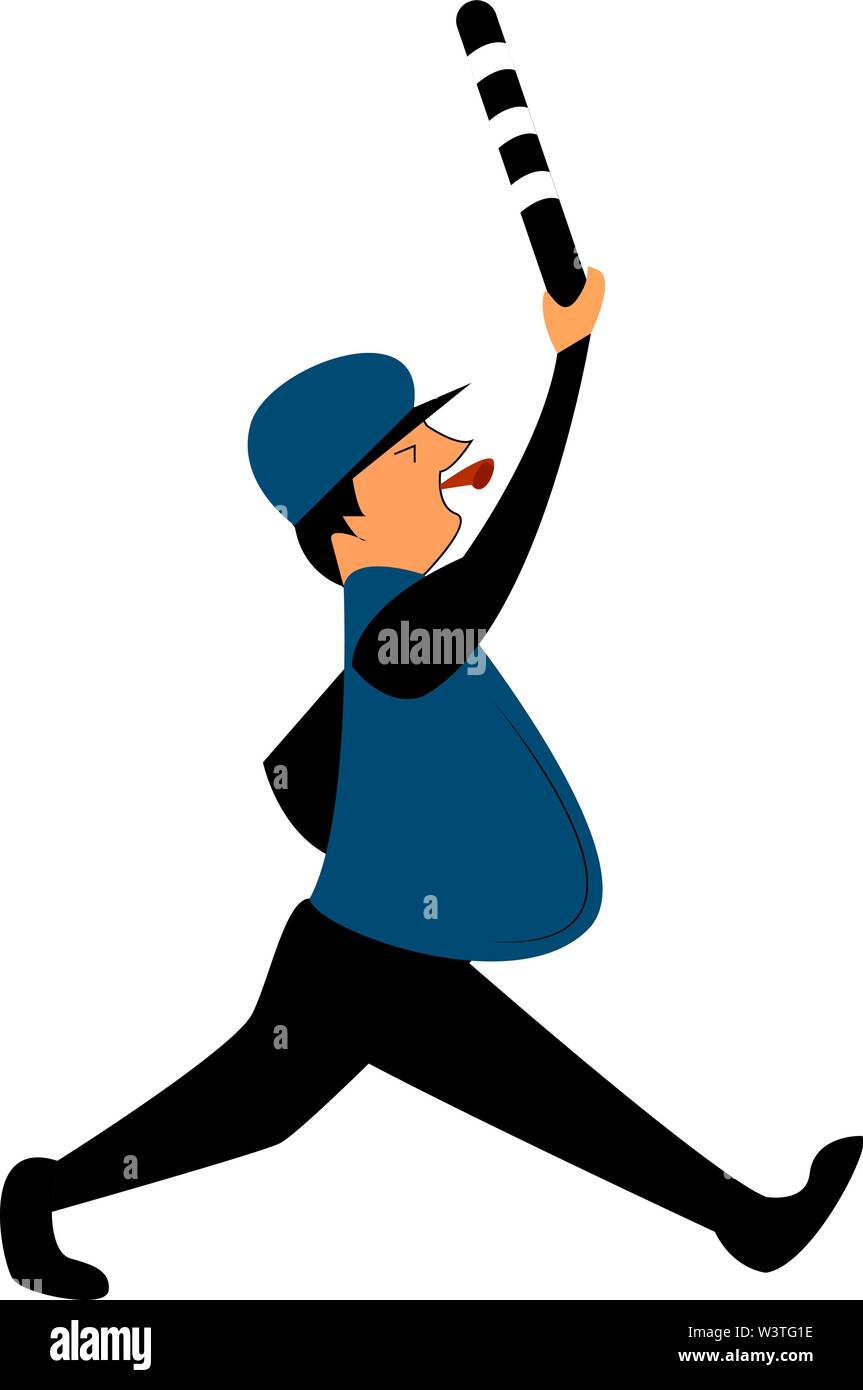 A running policeman with whistle and a stick, vector, color drawing or ...