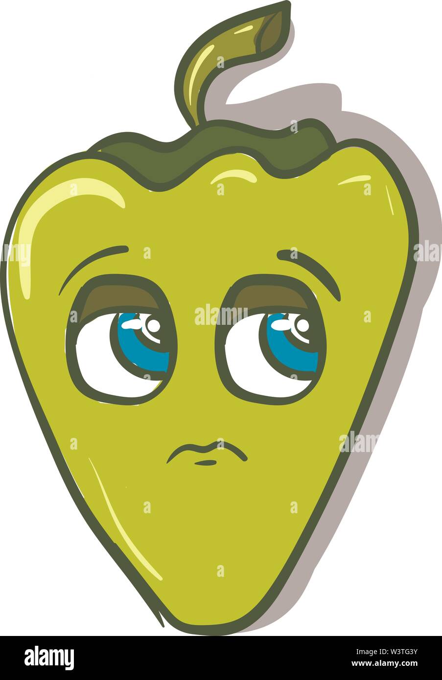 A sad green pepper with watery eyes, vector, color drawing or ...