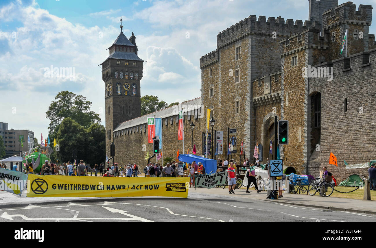 CARDIFF, WALES - JULY 2019: Large bilingual banner blocking a road in ...