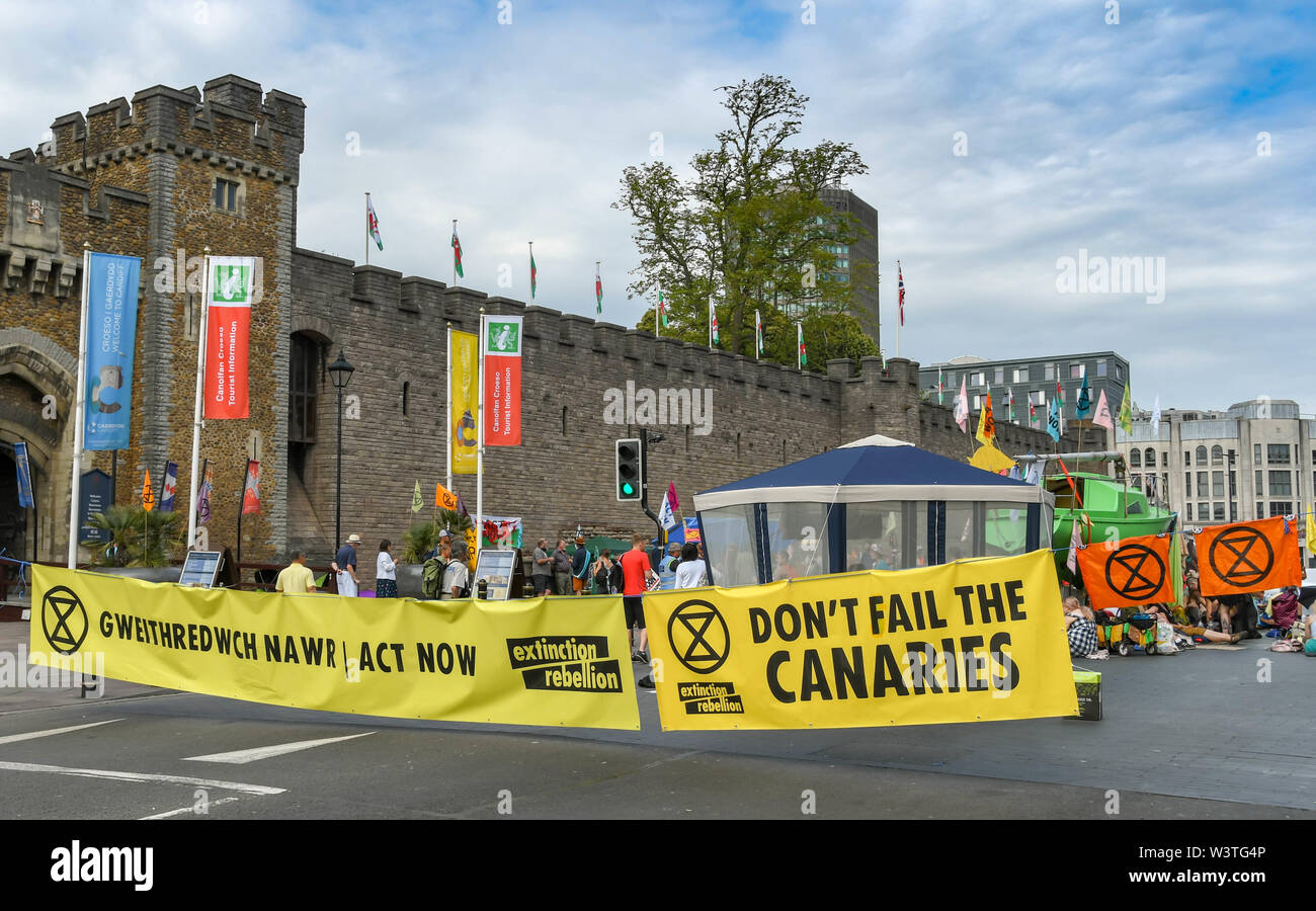 CARDIFF, WALES - JULY 2019: Large bilingual banner blocking Castle ...