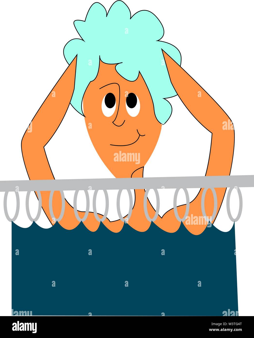 A man bathing in a shower behind a blue screen, vector, color drawing ...