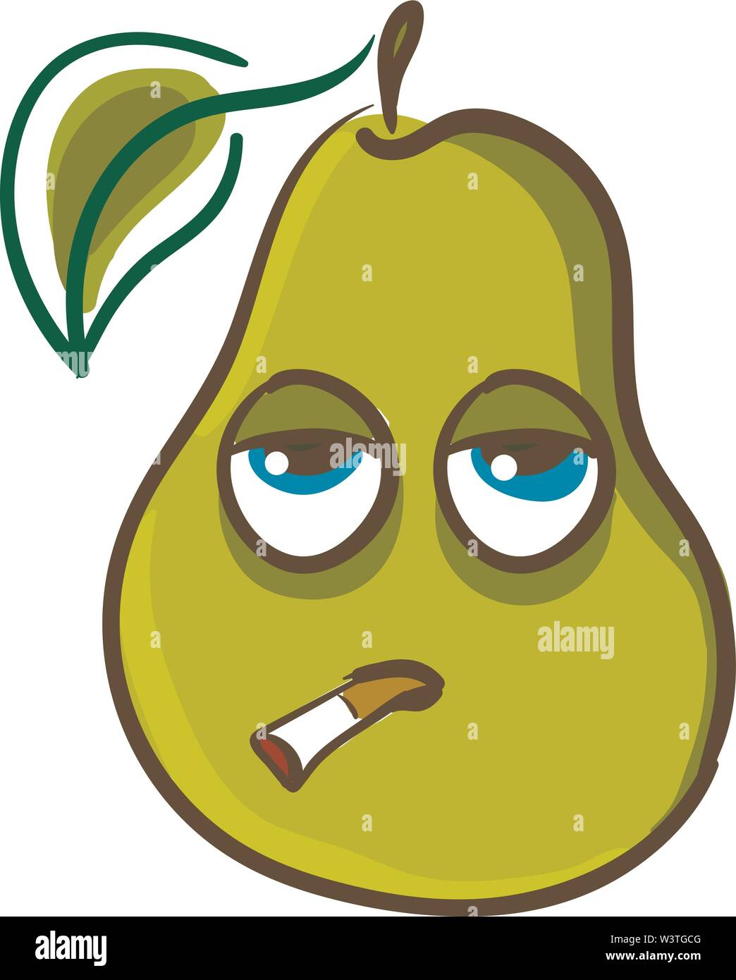 A big sad green pear which is smoking, vector, color drawing or ...