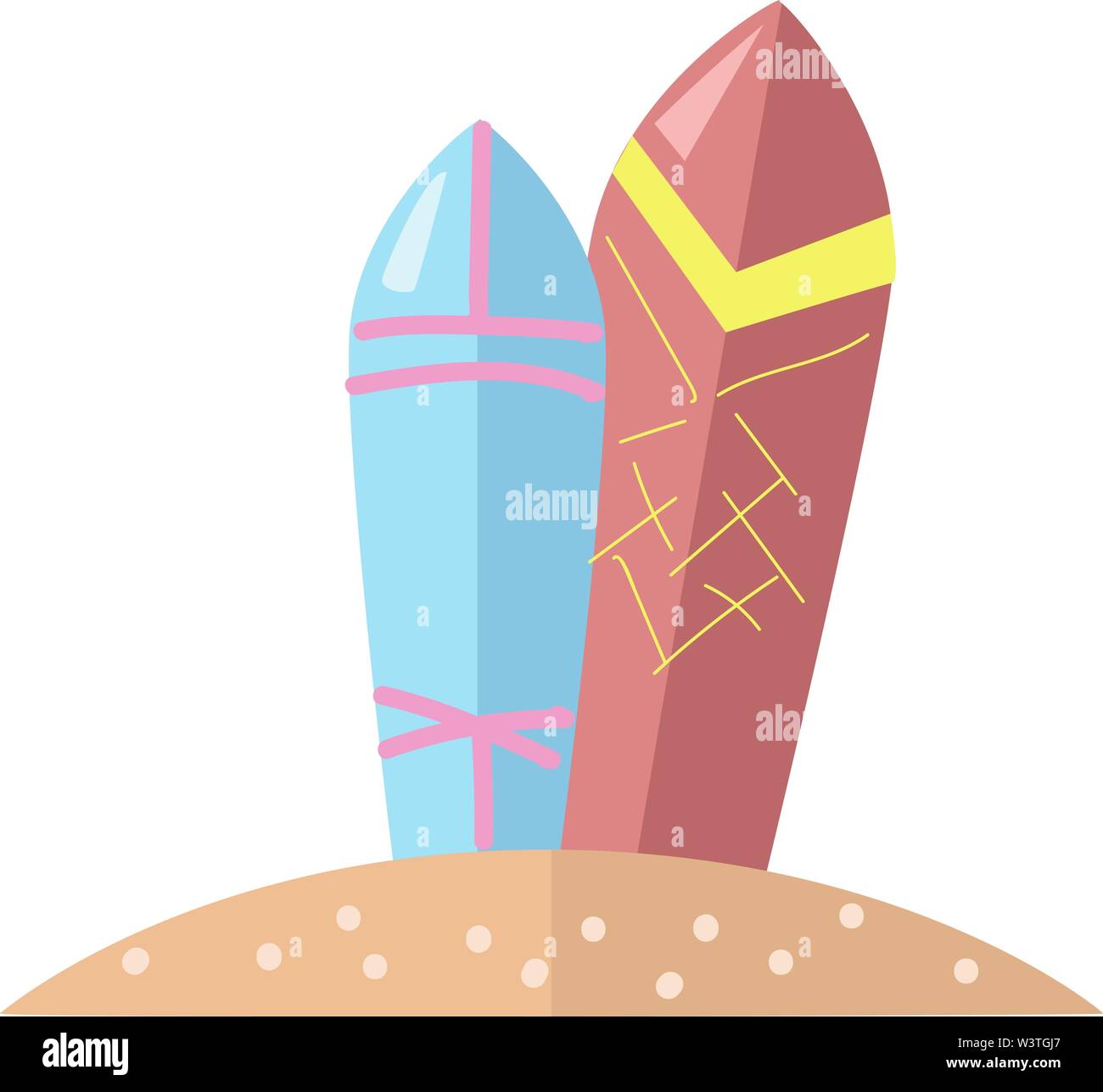Two surf board in the sand in blue and red color, vector, color drawing ...