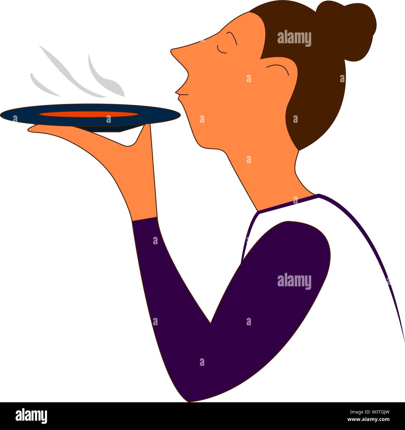 A girl enjoying a tea from a small plate, vector, color drawing or ...