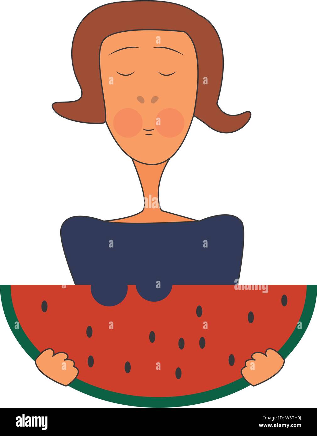 A lady eating a big slice of watermelon, vector, color drawing or ...
