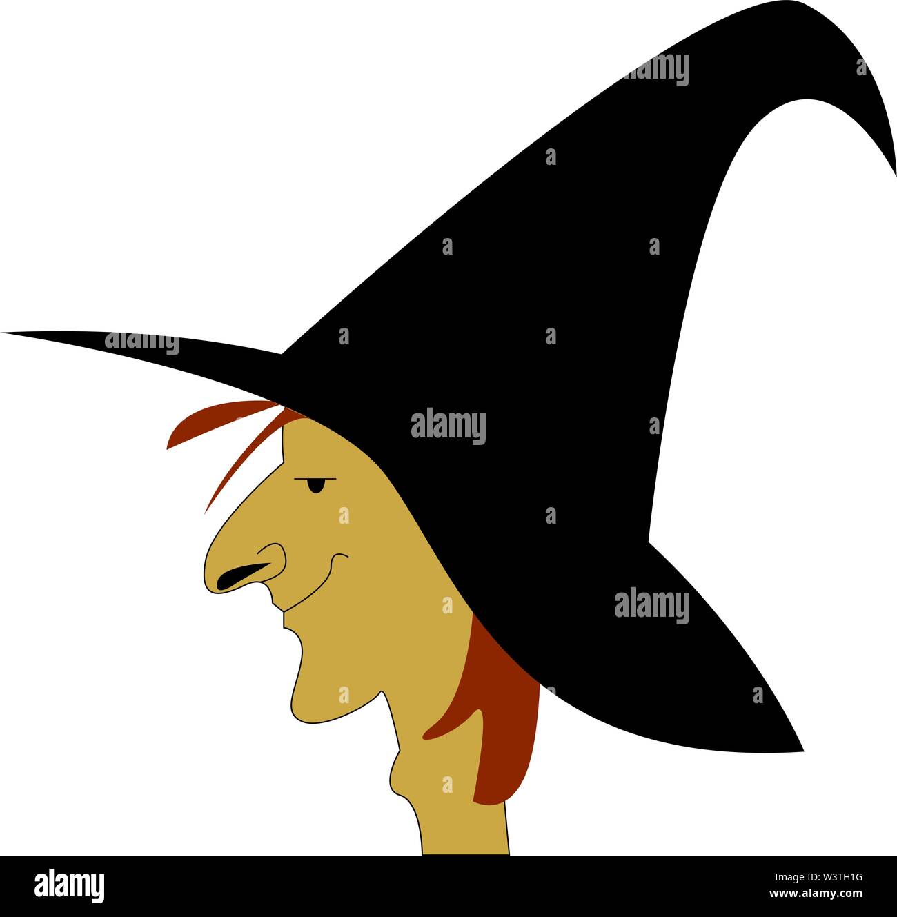 Face of a lady witch in her long black hat, vector, color drawing or ...