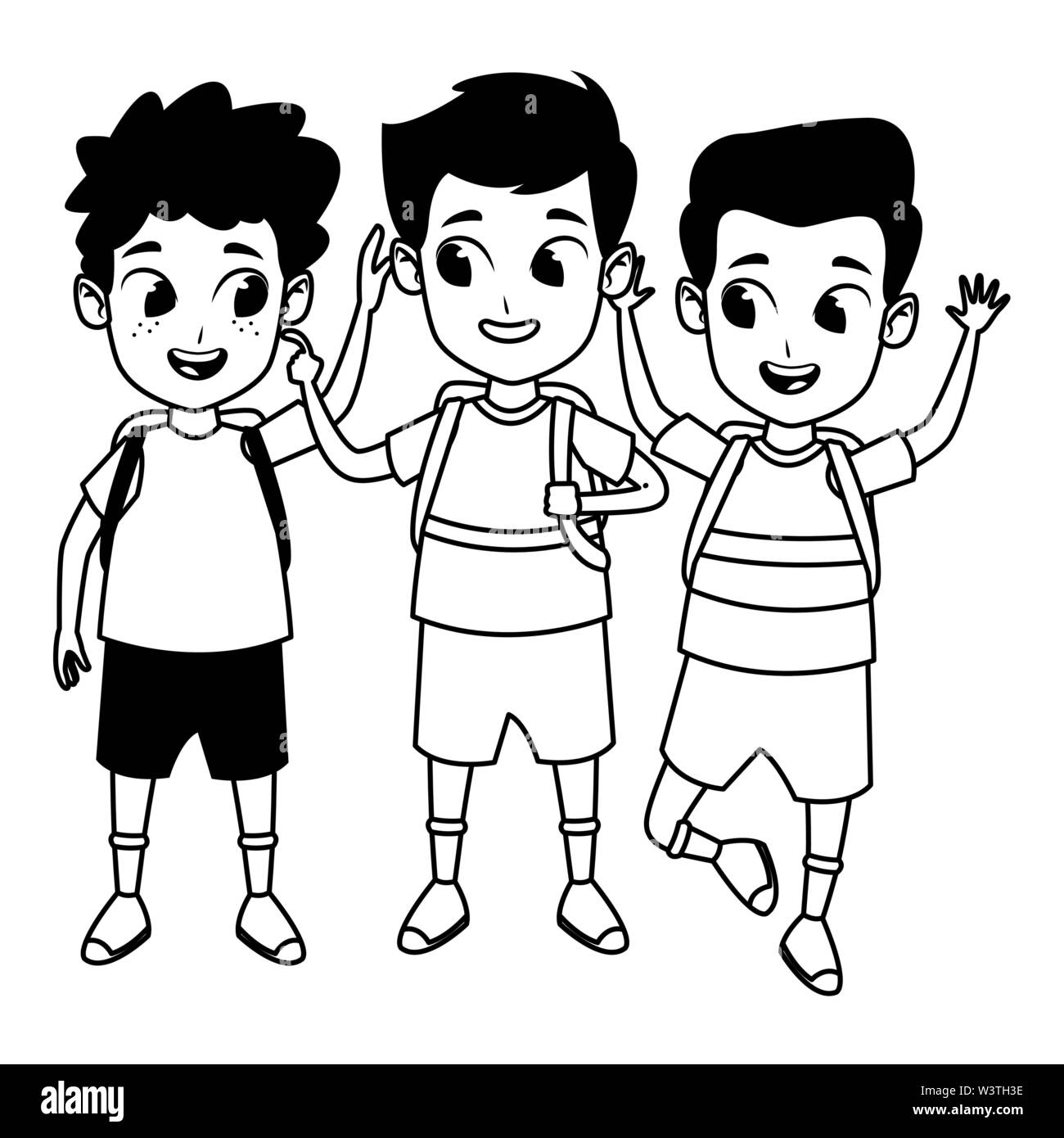 childhood adorable school students cartoon in black and white Stock ...