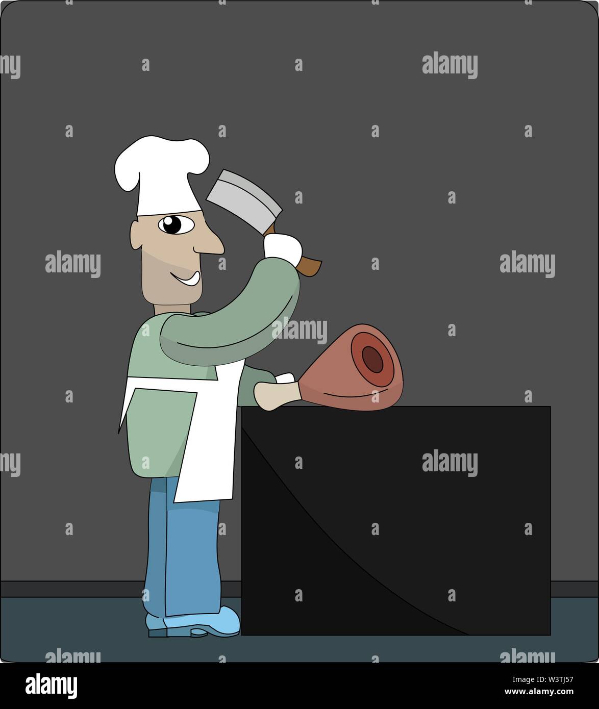 Butcher cutting meat, illustration, vector on white background Stock ...