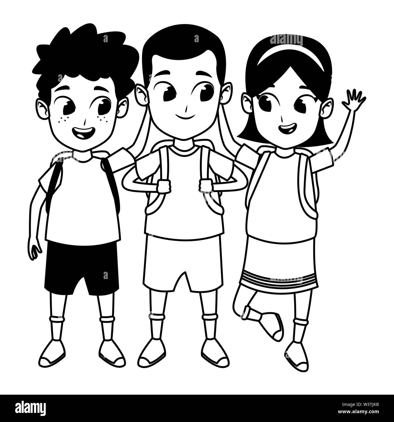 childhood cute school students cartoon in black and white Stock Vector ...