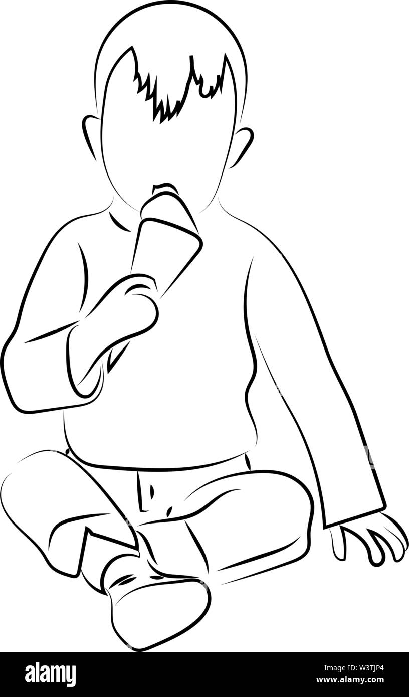 Child eating ice cream sketch, illustration, vector on white background ...