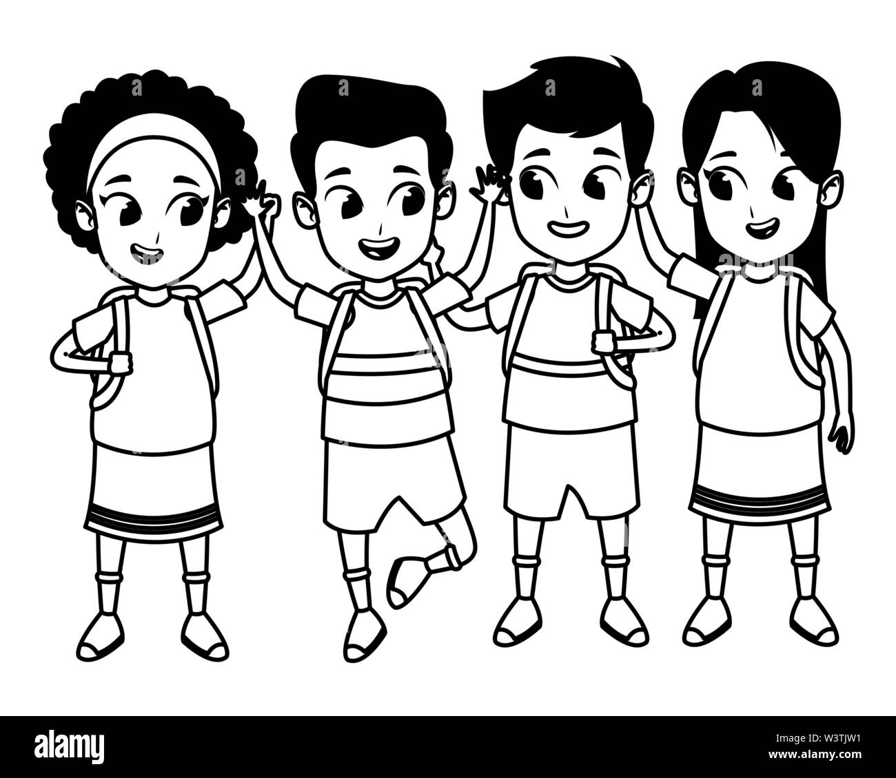 childhood cute school students cartoon in black and white Stock Vector ...