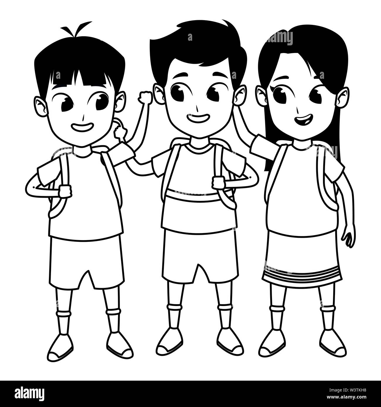 childhood cute school students cartoon in black and white Stock Vector ...