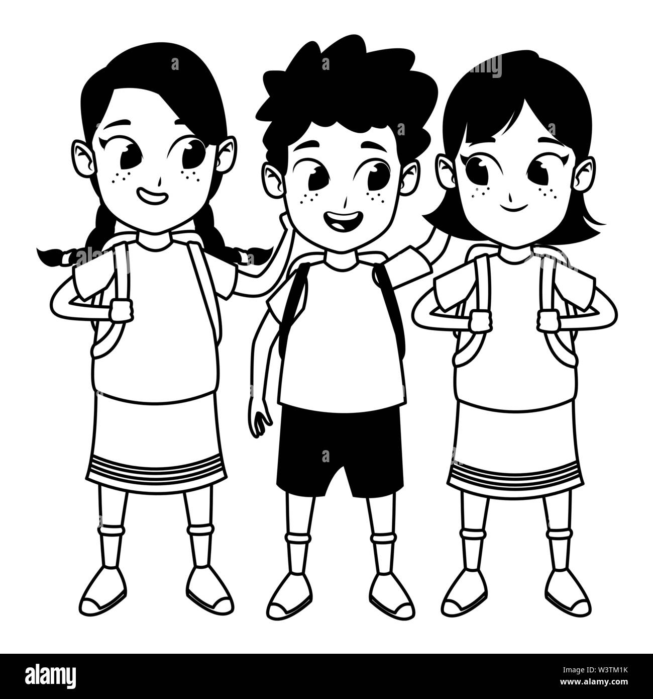 childhood cute school students cartoon in black and white Stock Vector ...