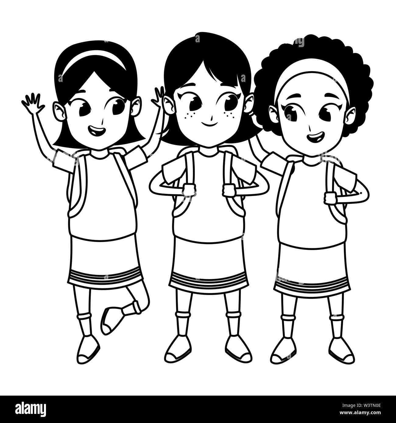 childhood adorable students girls cartoon in black and white Stock ...