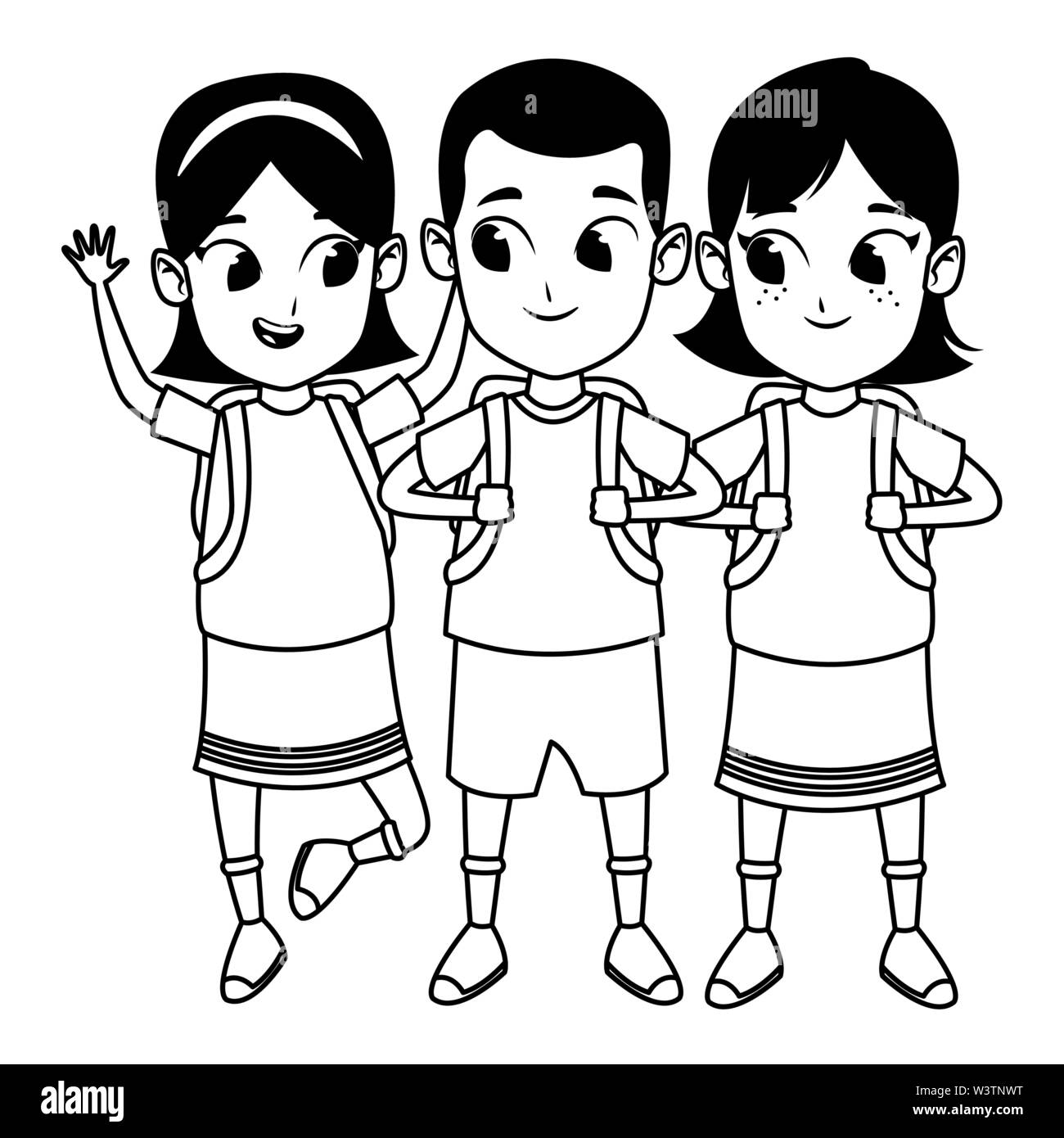 childhood cute school students cartoon in black and white Stock Vector ...