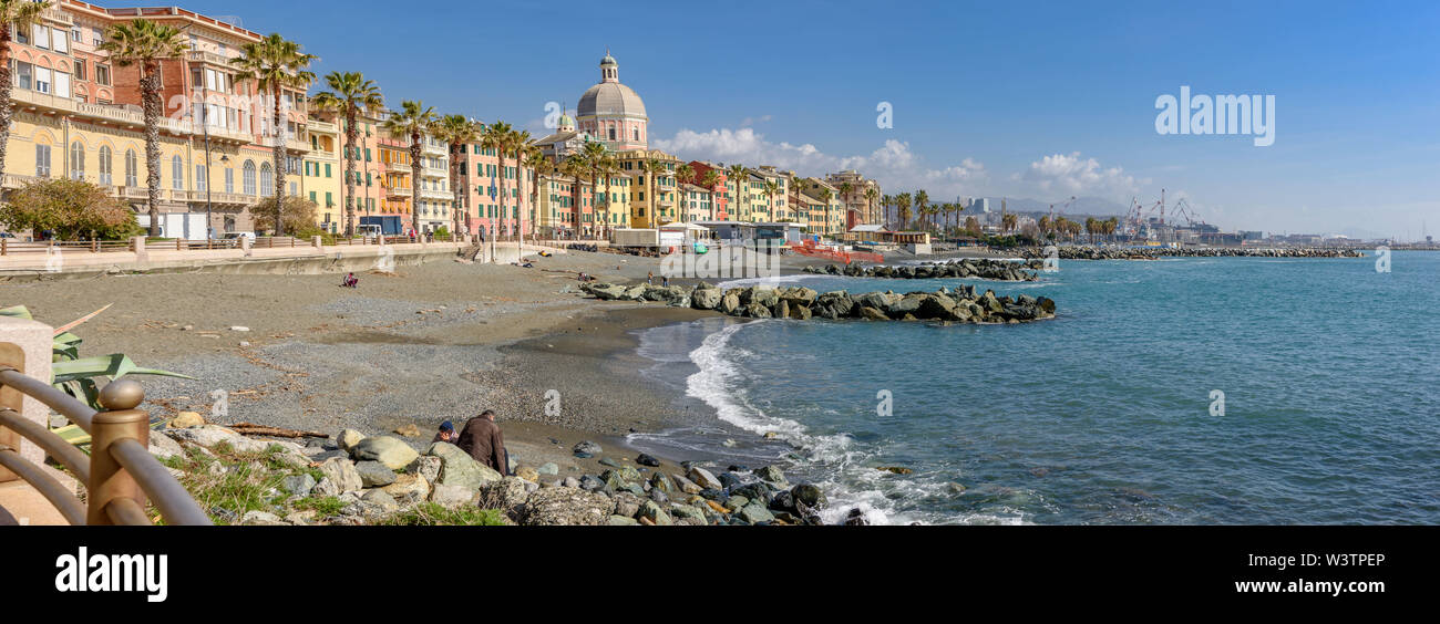Townscape and promenade of the village of Pegli, in the city of Genoa ...