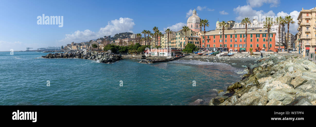 Townscape and promenade of the village of Pegli, in the city of Genoa ...
