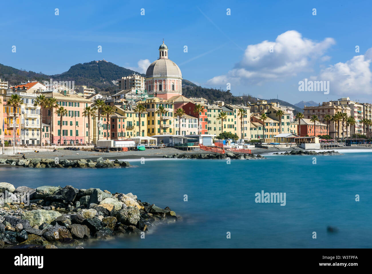 Townscape and promenade of the village of Pegli, in the city of Genoa ...
