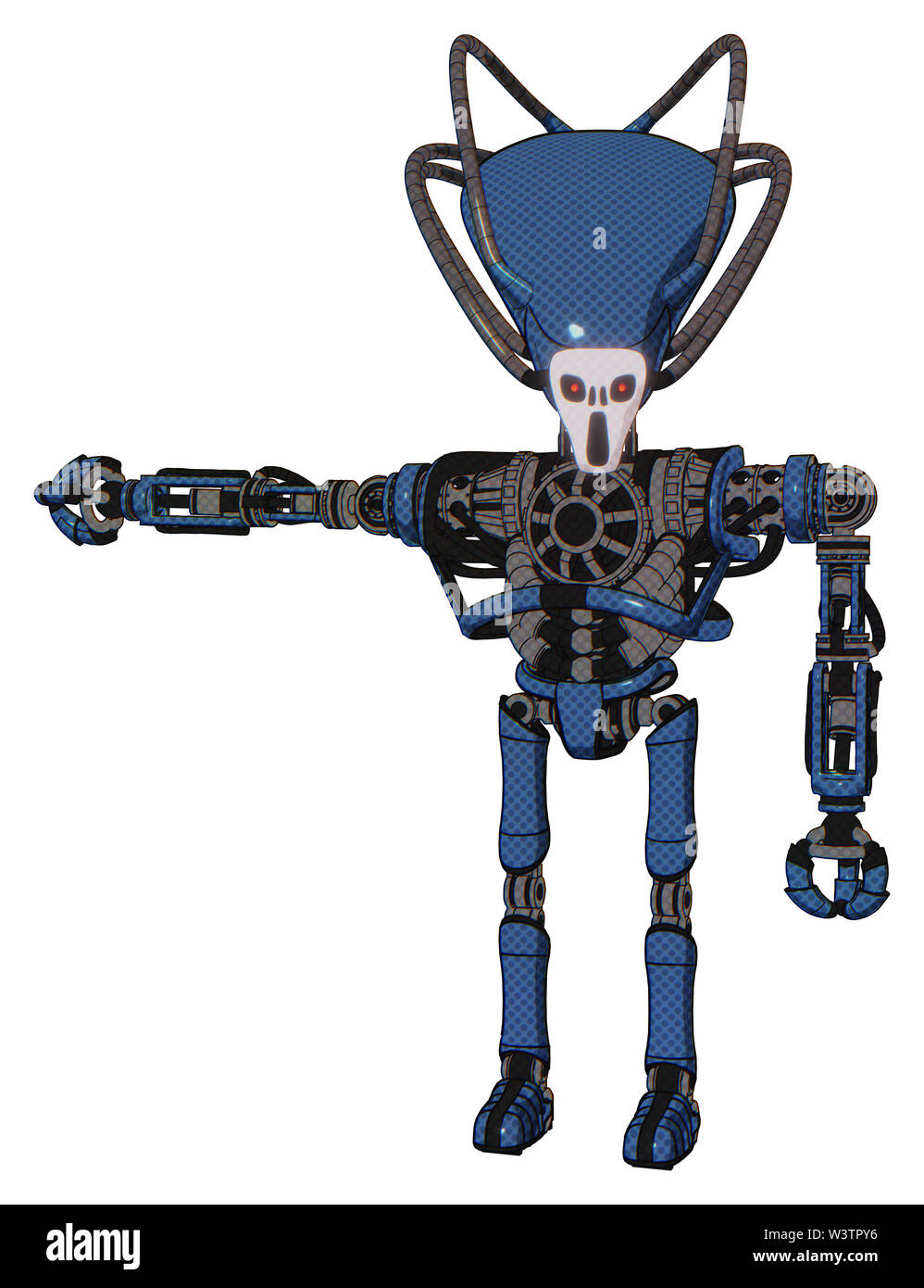 Android containing elements: flat elongated skull head, cables, heavy ...