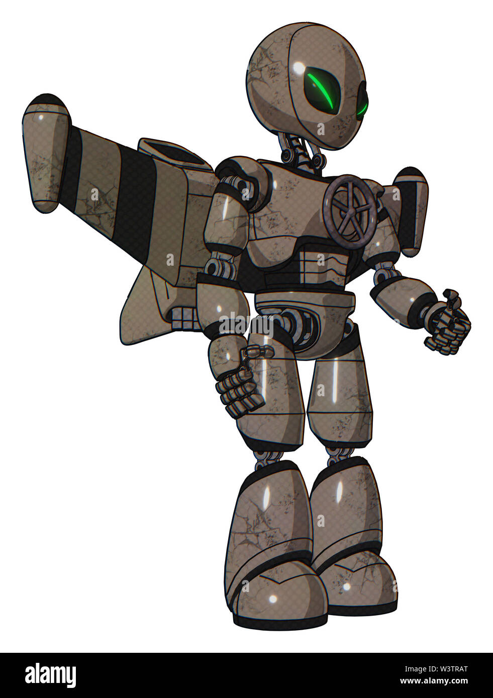 Robot containing elements: grey alien style head, green demon eyes ...