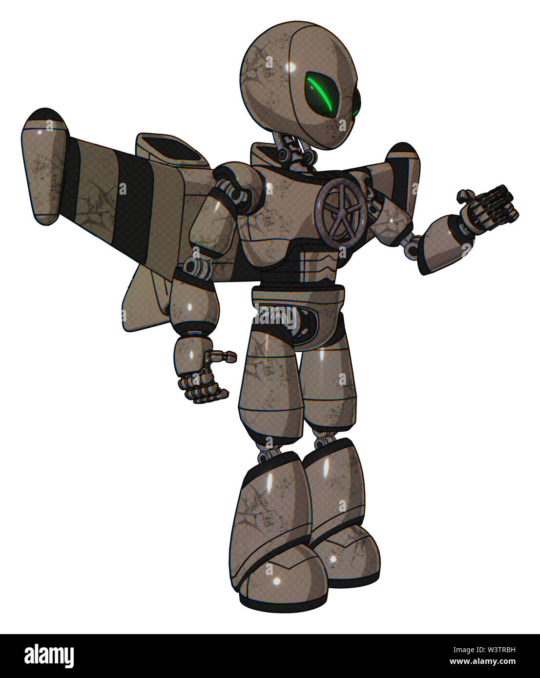 Robot containing elements: grey alien style head, green demon eyes ...