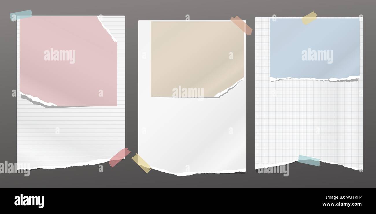 Set of torn note, notebook lined, squared colorful and white paper ...