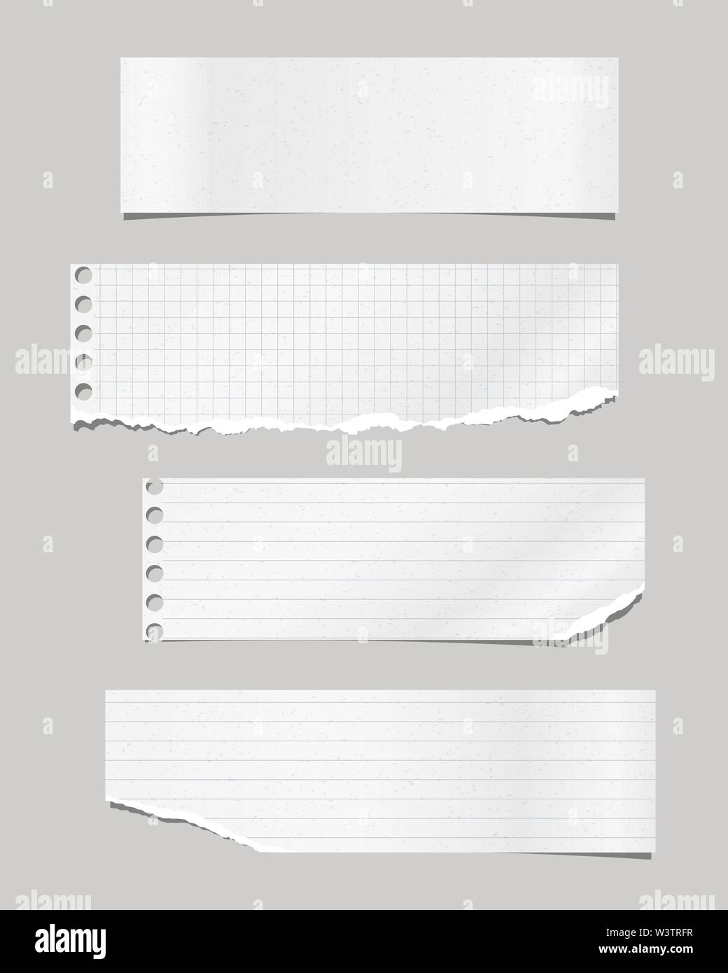 Set of torn note, notebook lined, squared paper strips stuck on grey ...