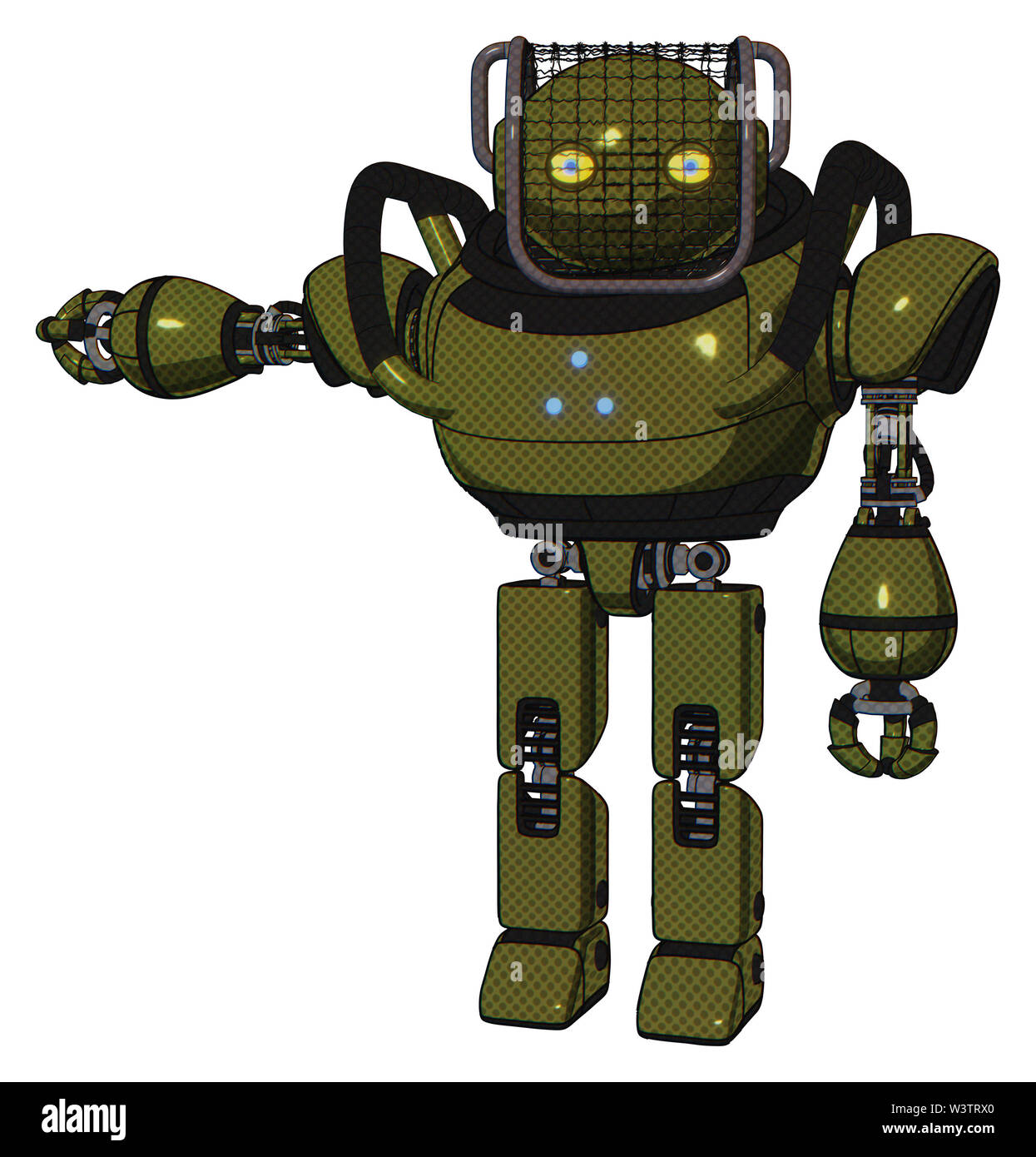 Bot containing elements: oval wide head, yellow eyes, barbed wire visor ...