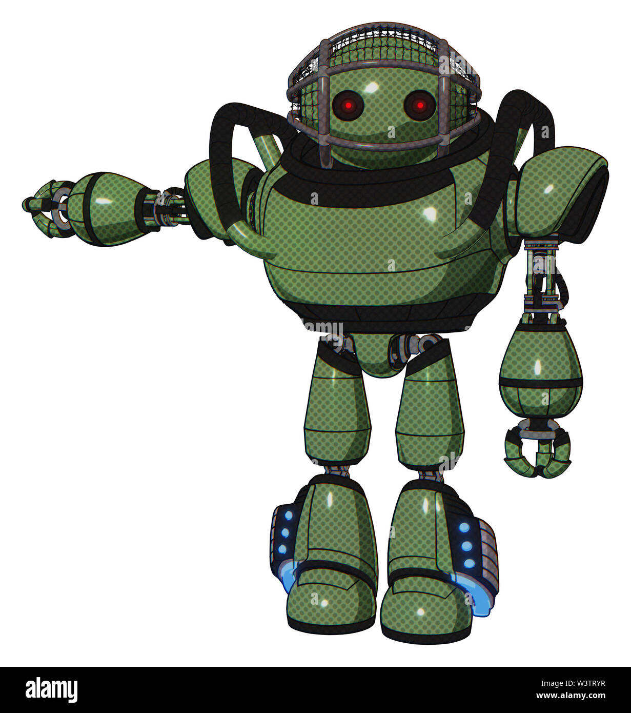 Robot containing elements: oval wide head, small red led eyes, barbed ...