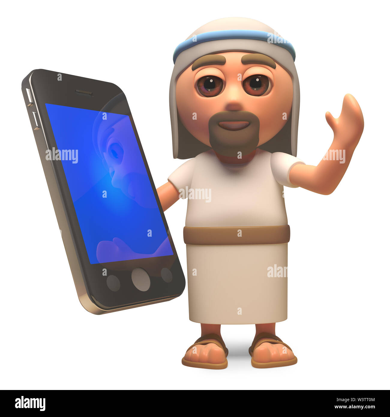 Connected Jesus Christ son of God using a smartphone tablet device, 3d ...