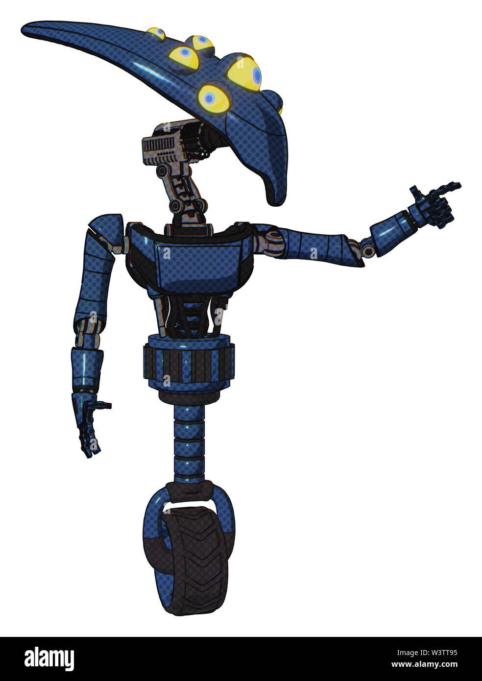 Robot containing elements: flat elongated skull head, yellow eyeball ...