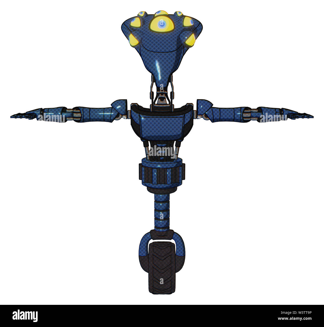 Robot containing elements: flat elongated skull head, yellow eyeball ...