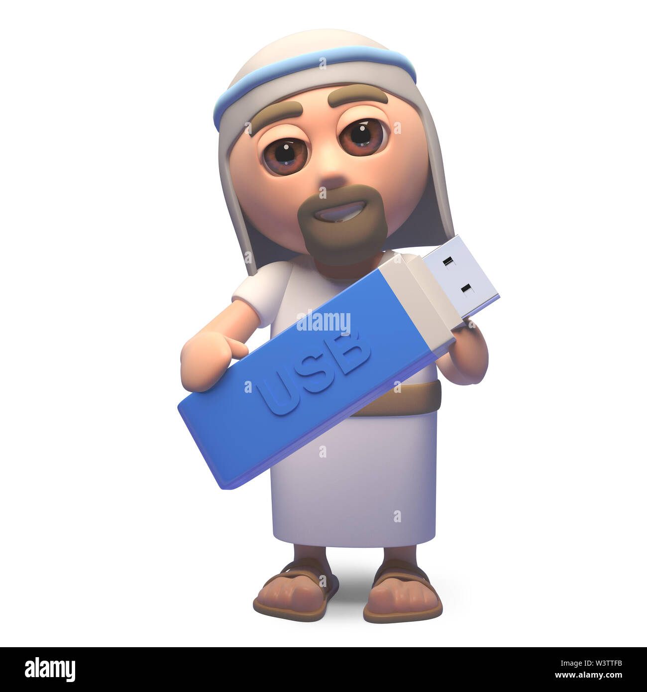 Cartoon Jesus Christ backs up data on a USB thumb drive, 3d ...