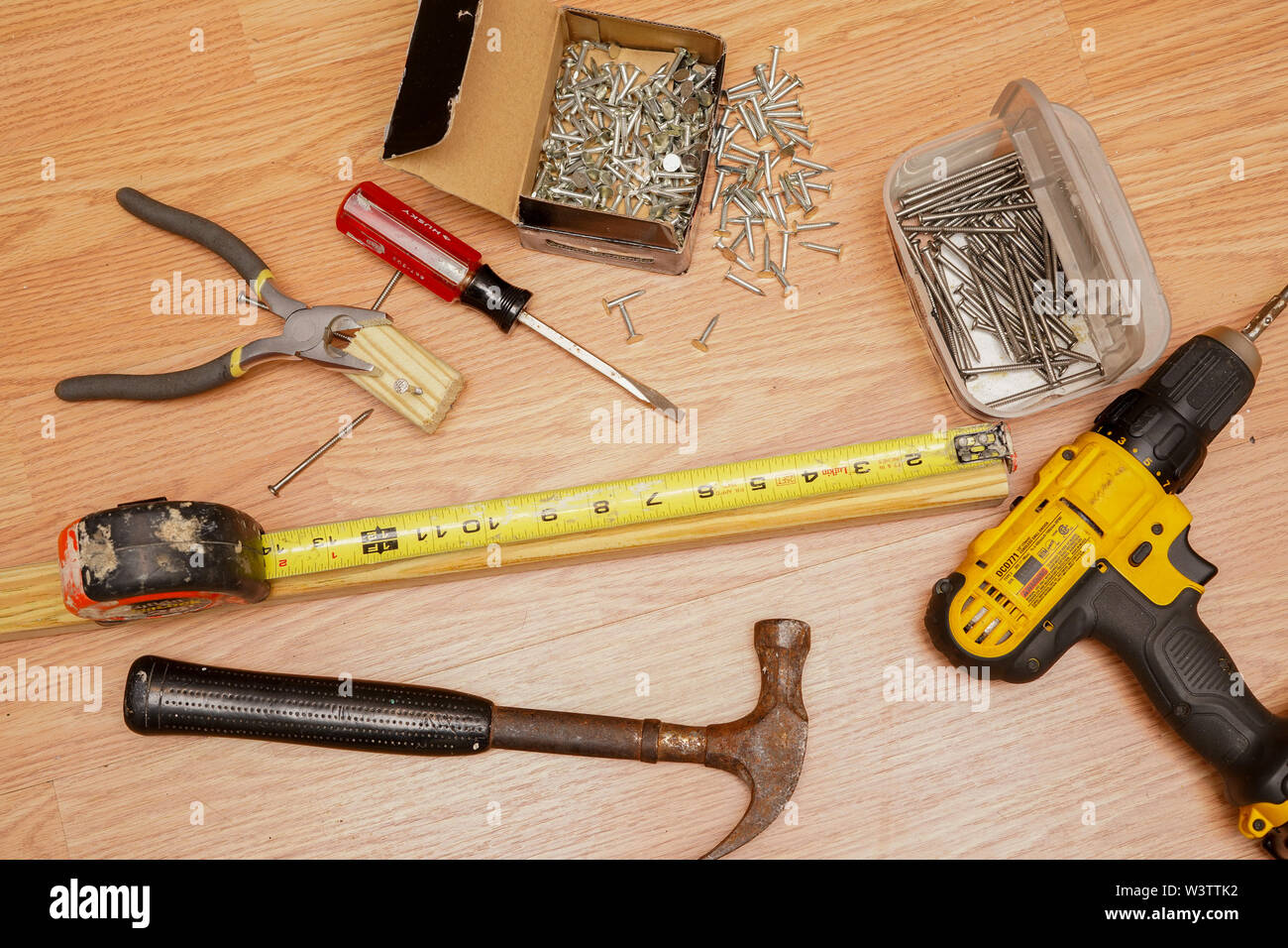 Construction tools being used for a home renovation project. Photo ...