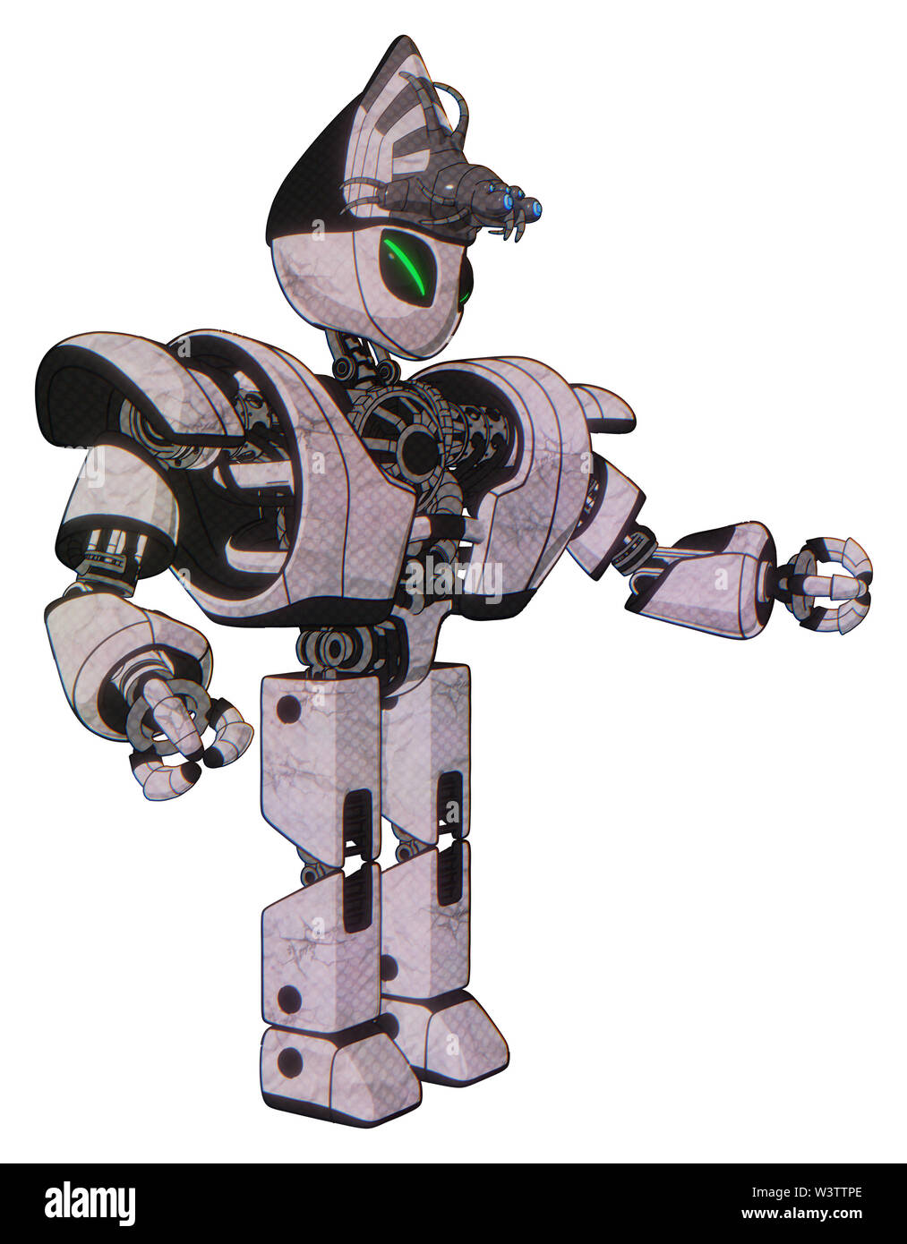 Cyborg containing elements: grey alien style head, green demon eyes ...