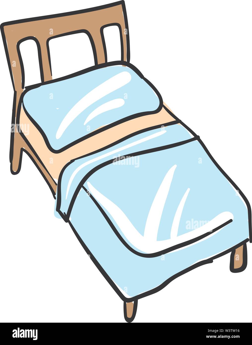 Bed with blue sheets and pillow, illustration, vector on white ...