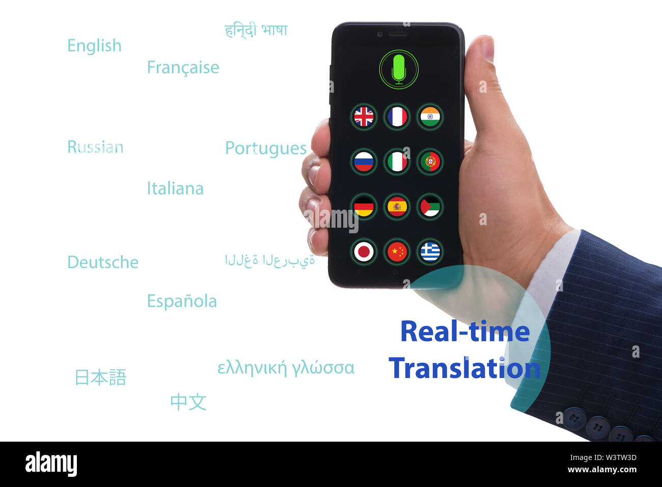 The concept of real time translation with smartphone app Stock Photo ...