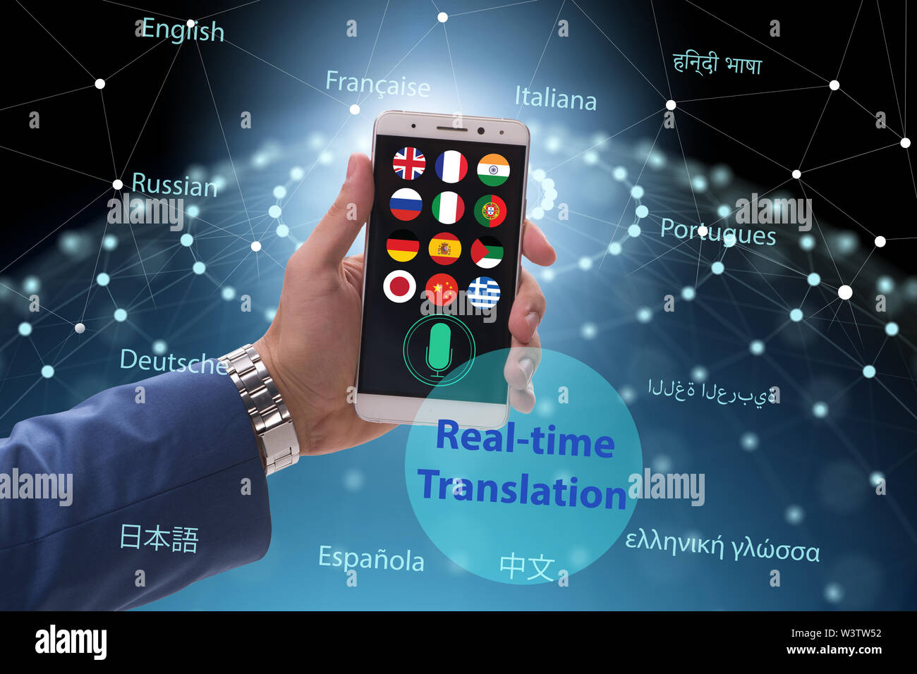 The concept of real time translation with smartphone app Stock Photo ...