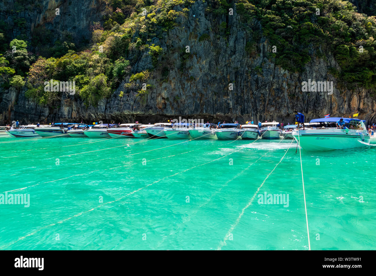 Phi Phi Lay island, Thailand, March 2013 Speed or motor boats docking ...